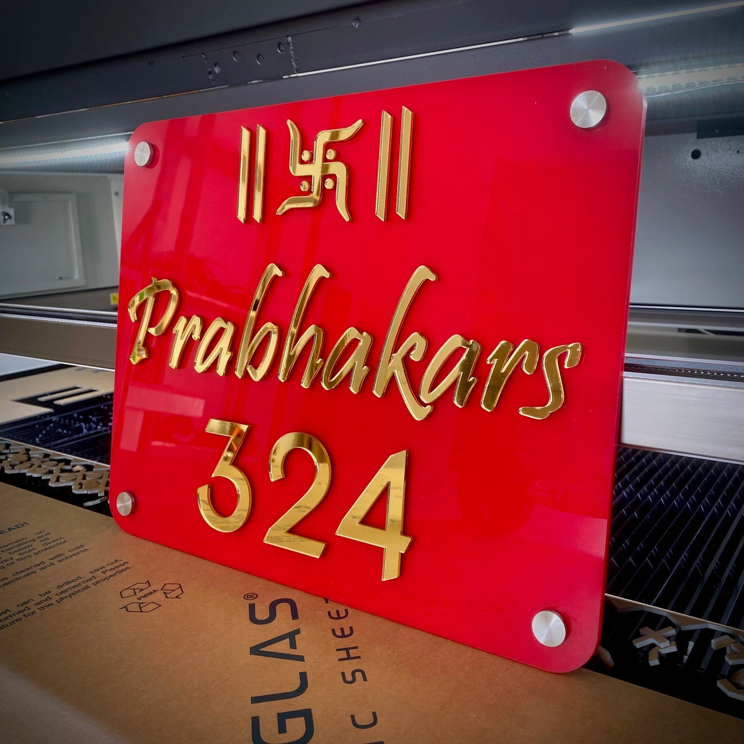 Red Acrylic Swastik Nameplate – Nameplate Studio