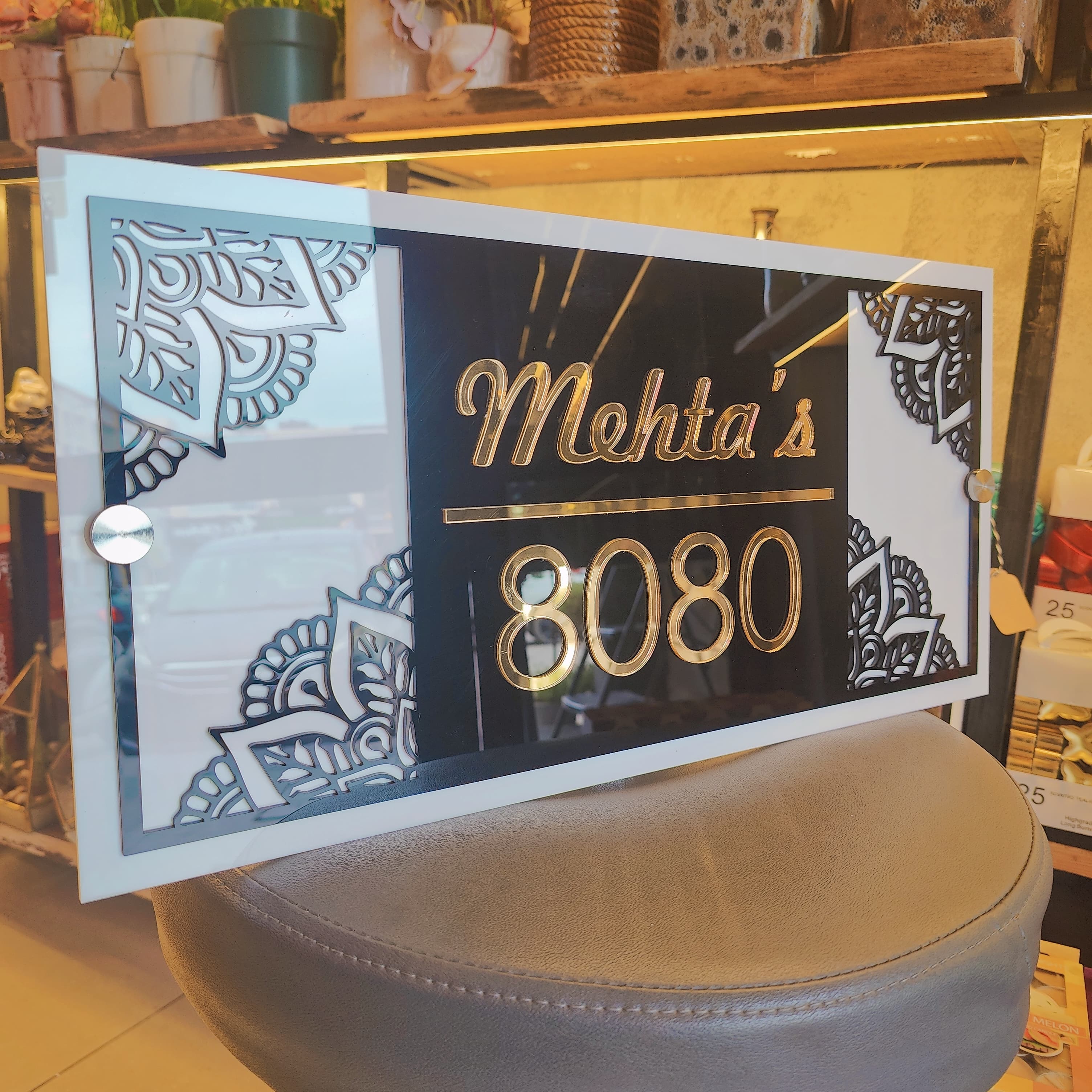 Black & White Mandala House Nameplate – Nameplate Studio