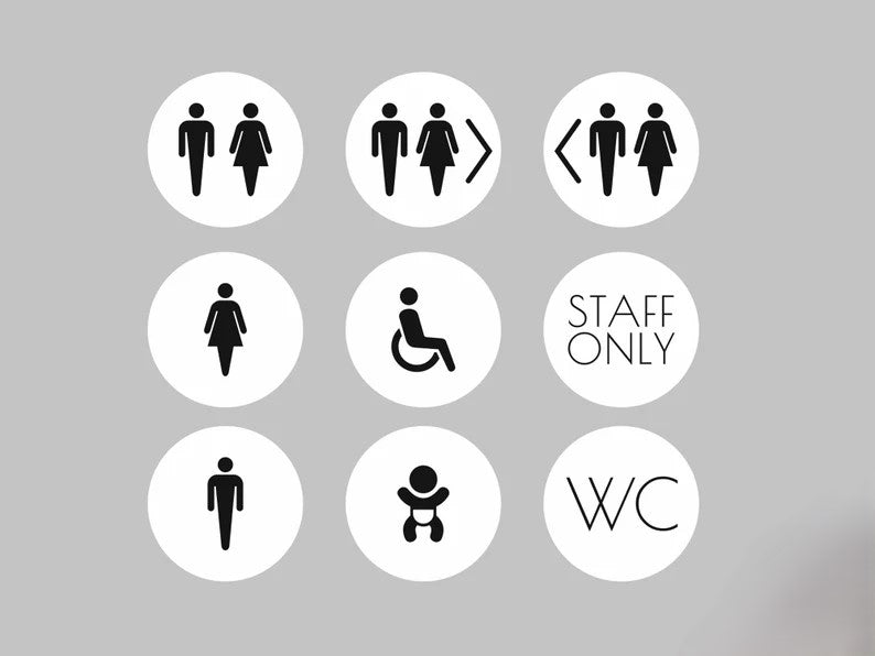 Round White Restroom Sign – Nameplate Studio