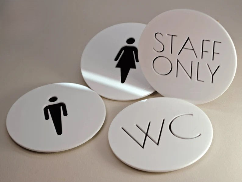 Round White Restroom Sign – Nameplate Studio
