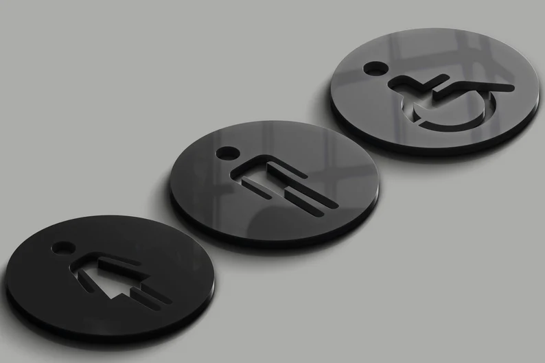 Round Glossy Black Restroom Sign – Nameplate Studio