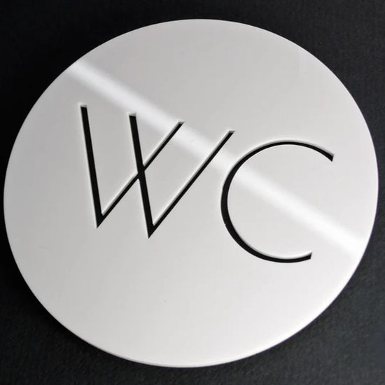 Round White Restroom Sign – Nameplate Studio